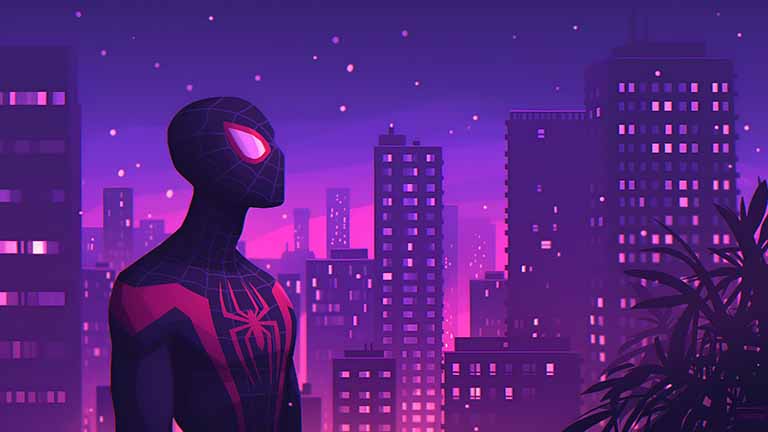 Free Miles Morales City Skyline Purple Desktop Wallpaper 4k