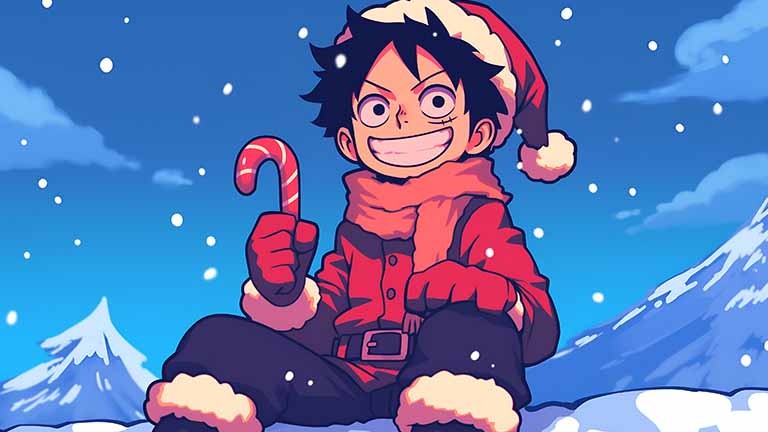 Free One Piece Luffy Santa Hat Candy Cane Desktop Wallpaper 4k
