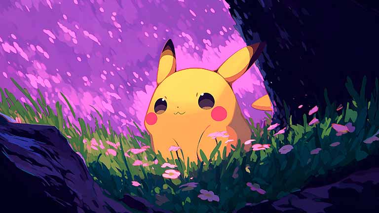 Pokemon Pikachu Twilight Flower Field Desktop Wallpaper
