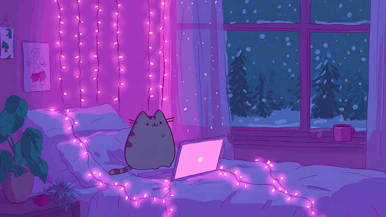 Free Pusheen Using Laptop In Lofi Room Desktop Wallpaper