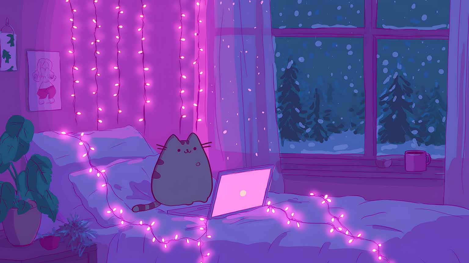 Free Pusheen Using Laptop In Lofi Room Desktop Wallpaper