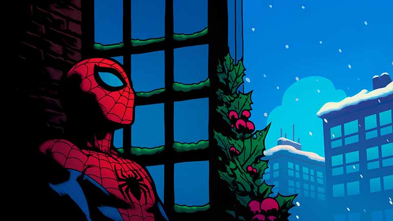Spider-Man Christmas Holly Berries Snowy City Desktop Wallpaper