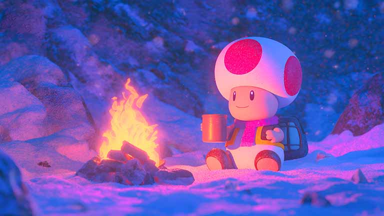 Super Mario Toad Campfire and Hot Drink Desktop Wallpaper