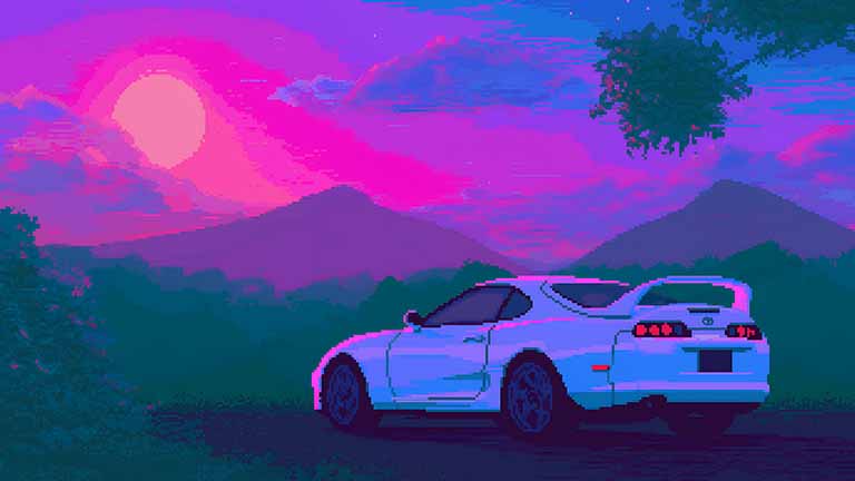 Toyota Supra MK4 Pixel Art Synthwave Sunset Desktop Wallpaper