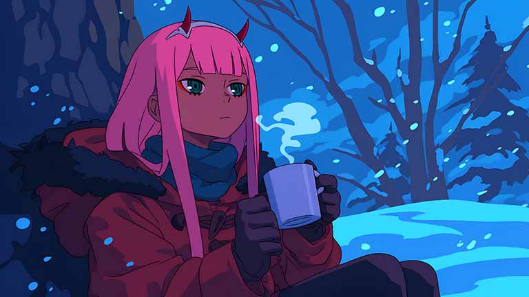 Darling In The Franxx Zero Two Drinking Tea Desktop Wallpaper