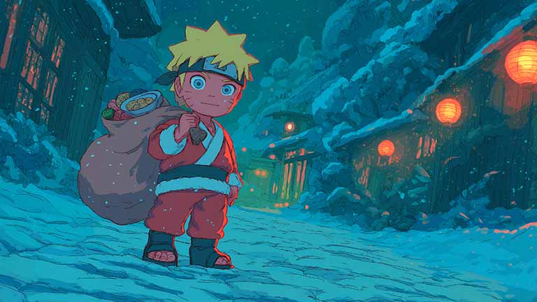 Naruto Carrying Sack of Ramen in Snow Desktop Wallpaper