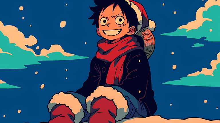 One Piece Chibi Luffy Santa Hat Snowfall Desktop Wallpaper