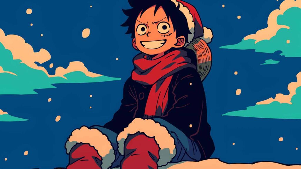 One Piece Chibi Luffy Santa Hat Snowfall Desktop Wallpaper