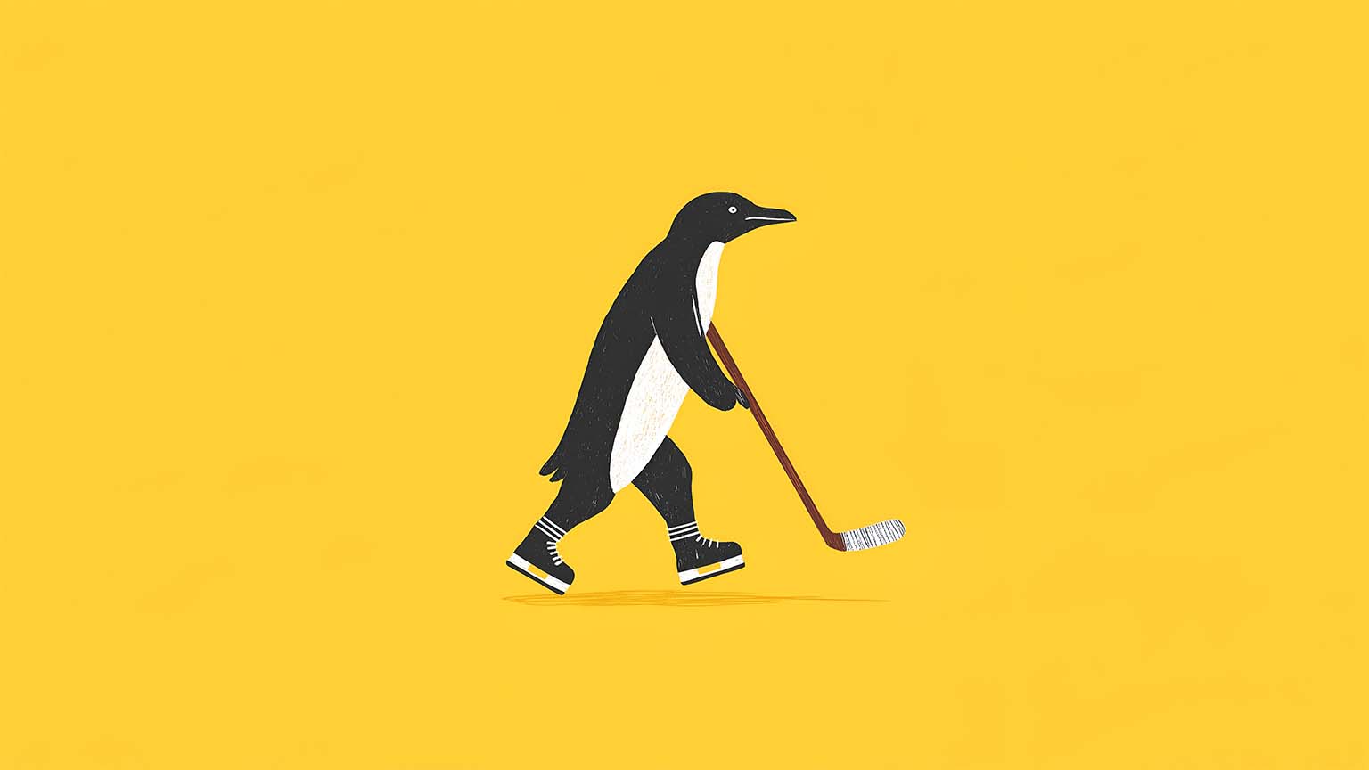 Penguin with Hockey Stick Minimalist Yellow Desktop Wallpaper 4K