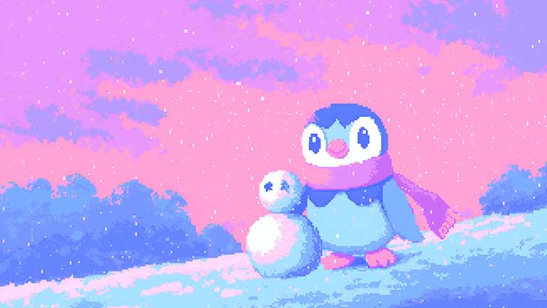 Pokemon Piplup Making Snowman Pixel Desktop Wallpaper