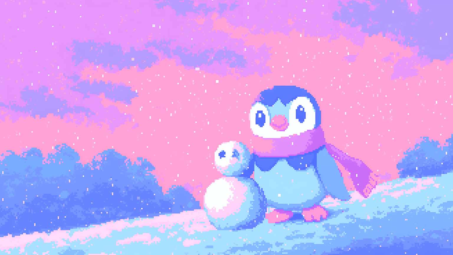 Pokemon Piplup Making Snowman Pixel Desktop Wallpaper