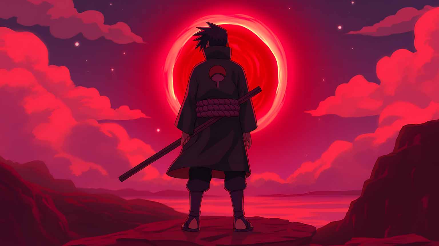 Sasuke Uchiha Facing The Giant Red Moon Desktop Wallpaper