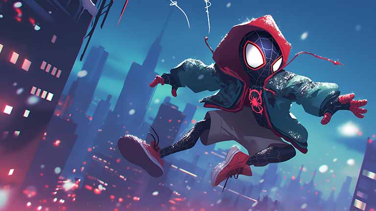 Spider-Man Miles Morales Snowy City Swing Desktop Wallpaper