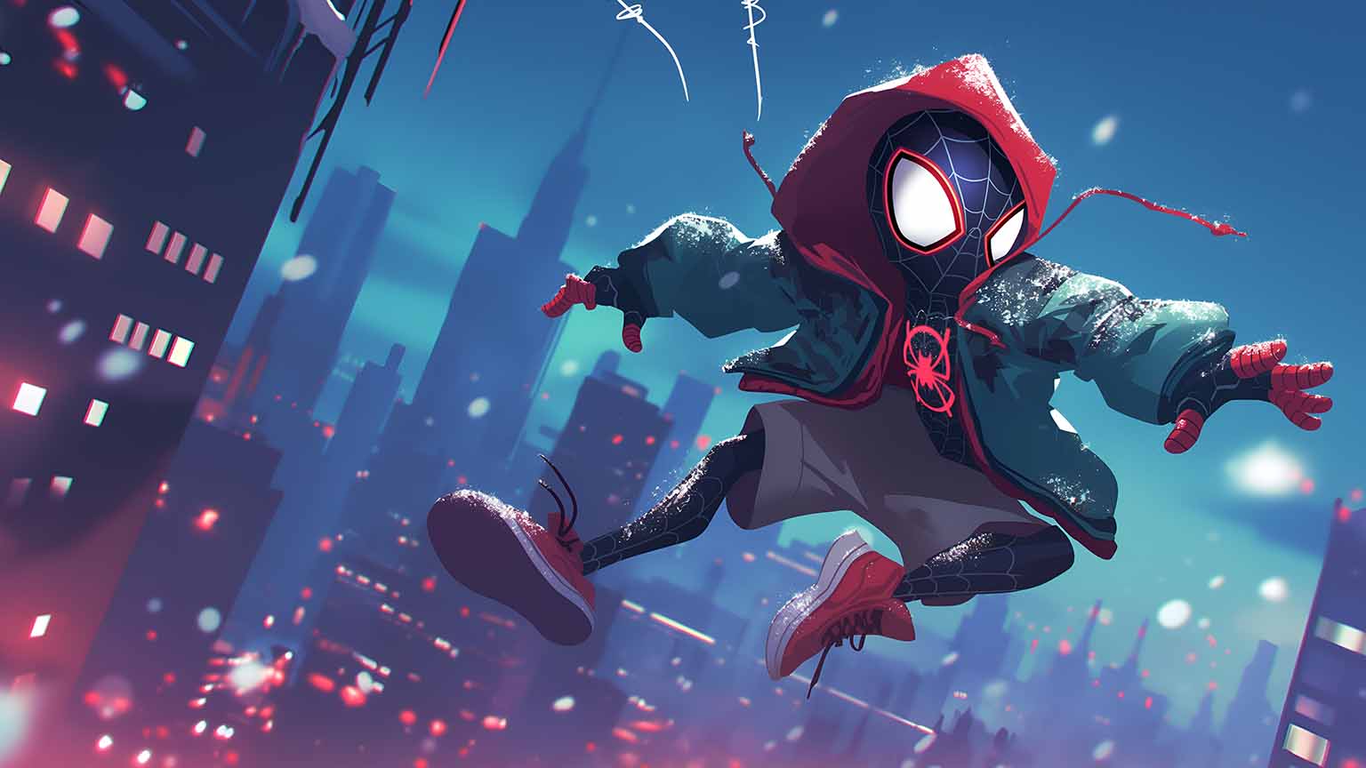 Spider-Man Miles Morales Snowy City Swing Desktop Wallpaper