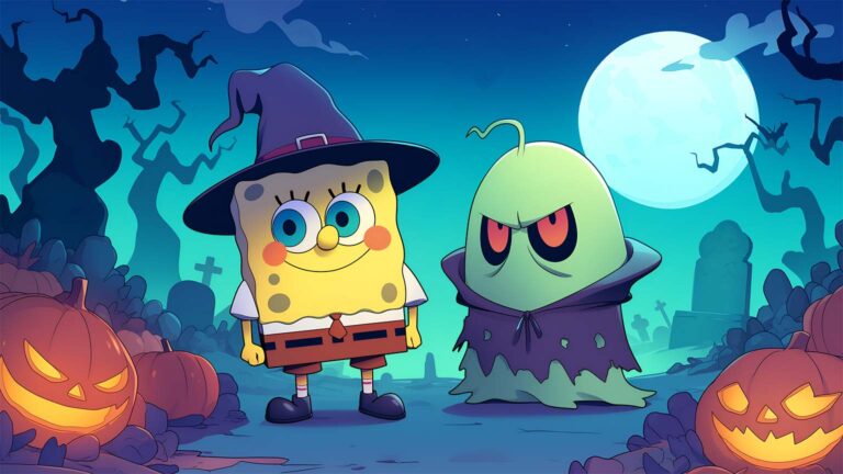 SpongeBob & Monster Halloween Night Desktop Wallpaper 4K