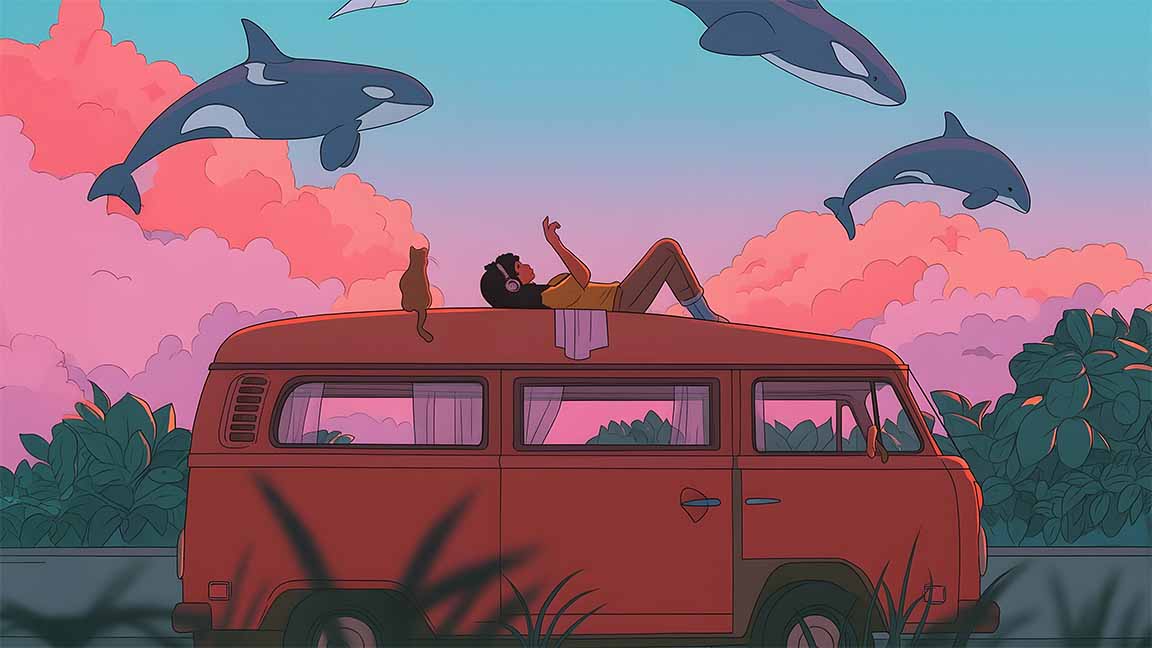 Surreal Floating Orcas Van Chill Desktop Wallpaper - Wallpapers 4K