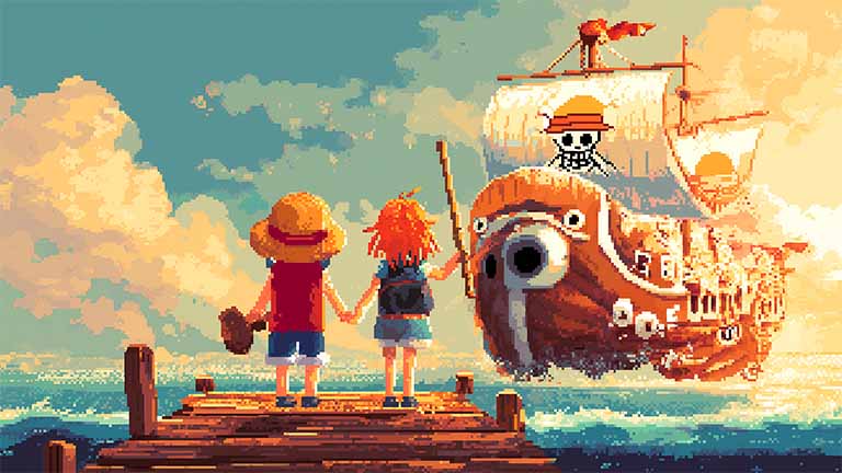Luffy & Nami Going Merry Pixel One Piece Desktop Wallpaper 4K